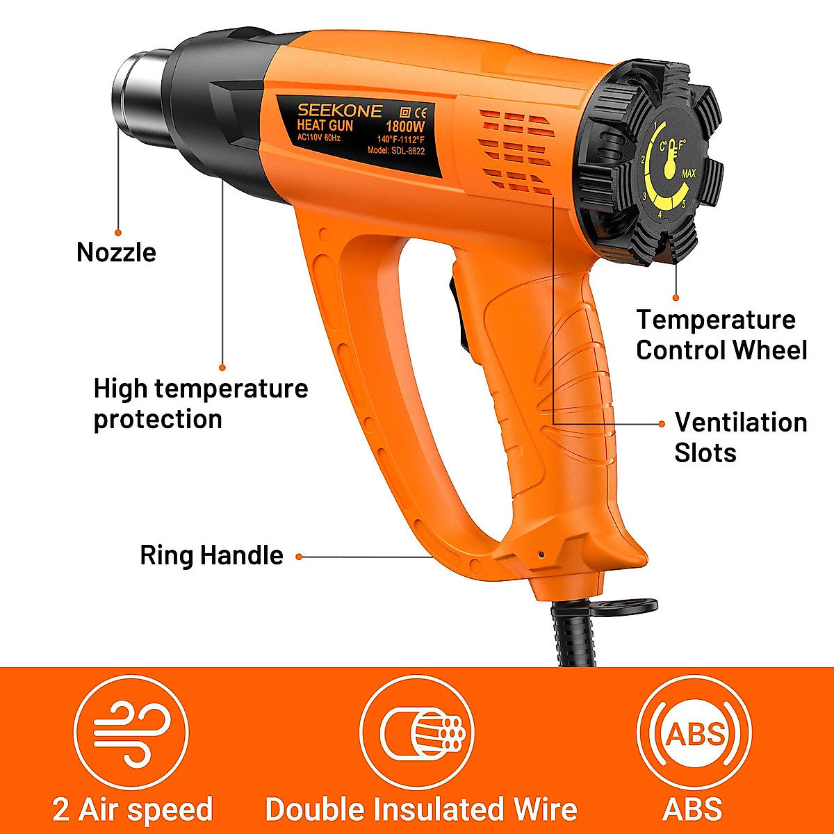 SEEKONE Heat Gun 1800W Heavy Duty Hot Air Gun Kit Variable Temp Control with 2-Temp Settings 7 Accessories 140℉-1112℉（60℃- 600℃）with Overheat Protection for Crafts, Shrinking PVC, Stripping Paint