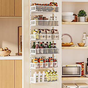 DAOTENGQL 6-Tier Over The Door Pantry Organizer with Mesh Baskets, Adjustable & Stable Hanging Spice Rack for Kitchen, Bathroom, Bedroom, and Baby Essentials Storage (16" W 6-Tiers, White)