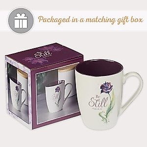 Christian Art Gifts Ceramic Scripture Coffee Mug for Women 12 oz Purple Tulip Inspirational Bible Verse Mug - Be Still and Know - Psalm 46:10 Microwave and Dishwasher Safe Comforting Coffe Mug