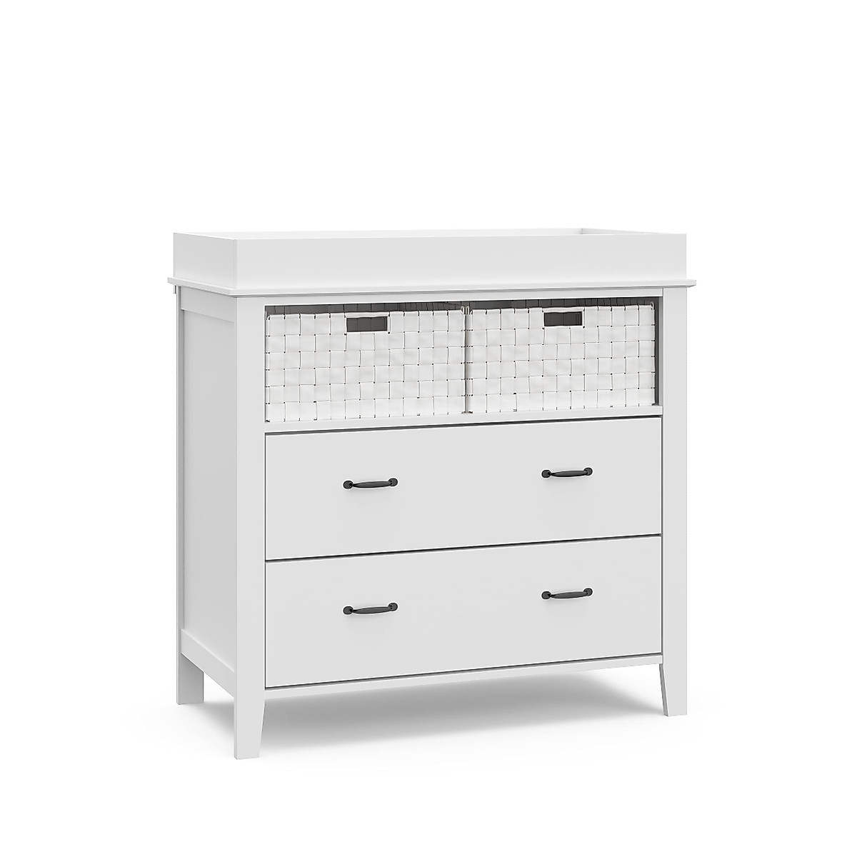 Storkcraft Forrest 2 Drawer Changing Table Chest with Baskets, Attached Changing Topper Fits Standard Size Changing Pad, 2 Drawers and 2 Open Shelves, White