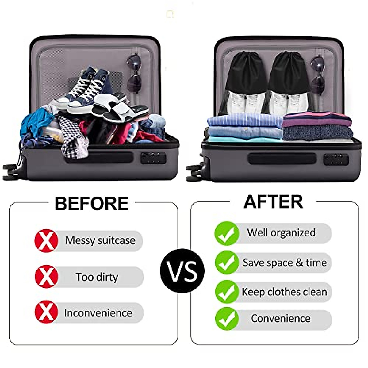 YAMIU 12PCS Shoe Bags for Travel - Large Dustproof Drawstring Shoes Pouch Packing Organizers for Men & Women, Black