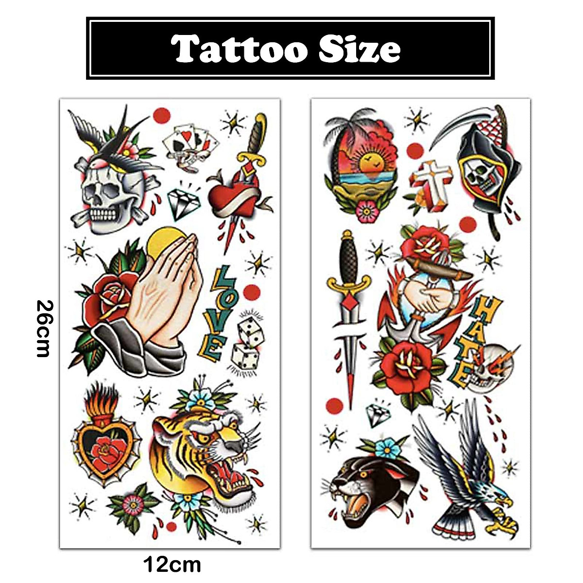 PUSNMI 120×260mm Classic Temporary Tattoo Sailor Jerry Temporary Tattoos for Women Men Cool Skull Tattoo for Arm Leg Face Lasting Mix Style Body Art Tattoos for Halloween Club