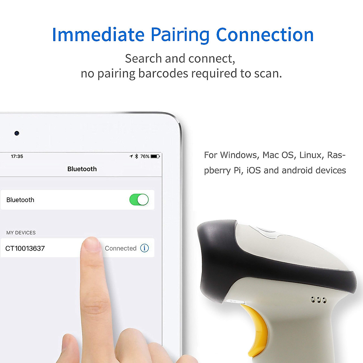 TEEMI Bluetooth Barcode Scanner 1D Handheld Automatic Laser Fast Accurate Bar Code Reader Auto Sensing Scanning, Easy Connect iPad iPad Android Smart Phone Tablet PC, No Stand