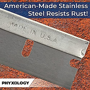 Ultra Sharp, USA-Made Steel Razor Scraper Blades Bulk 100 Pack by Phyxology Supply with Cardboard Carton Cutter Tool! Strong Single Edge 1.5 in Blade for Scrapers and Cutting Tools in a Safe Reclosable Box