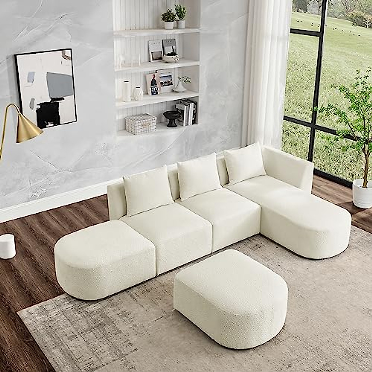 L-Shaped Sectional Sofa Couch with 2 Single Seats, Right Chaise and Movable Ottomans, Modern DIY Combination Convertible Modular Sofa & Couch Cloud Deep Seater Cozy Sofá for Living Room
