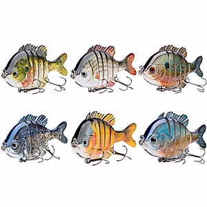 BASSDASH SwimPanfish Multi Jointed Panfish Bluegill Swimbaits Topwater Hard Bass Fishing Crank Lure 3.5in/0.85oz (Pack of 6 Colors)
