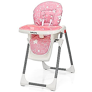 BABY JOY Folding High Chair for Babies & Toddlers, Infant Dining Chair w/Removable Dishwasher Safe Tray, 5-Point Safety Belt, Wheels, Detachable Cushion, Adjustable Backrest Footrest & Height (Pink)