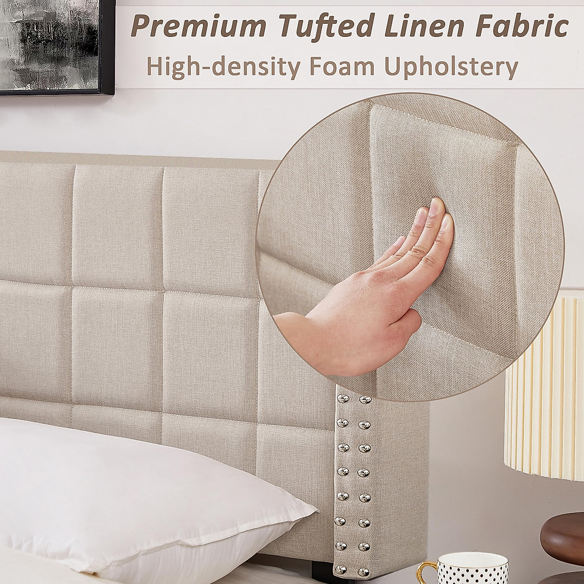 VECELO Linen Upholstered Headboard for King Size Bed, Tufted Nailhead & Double Wingback for Bedroom, 6 Adjustable Position from 40" to 49.8",Beige