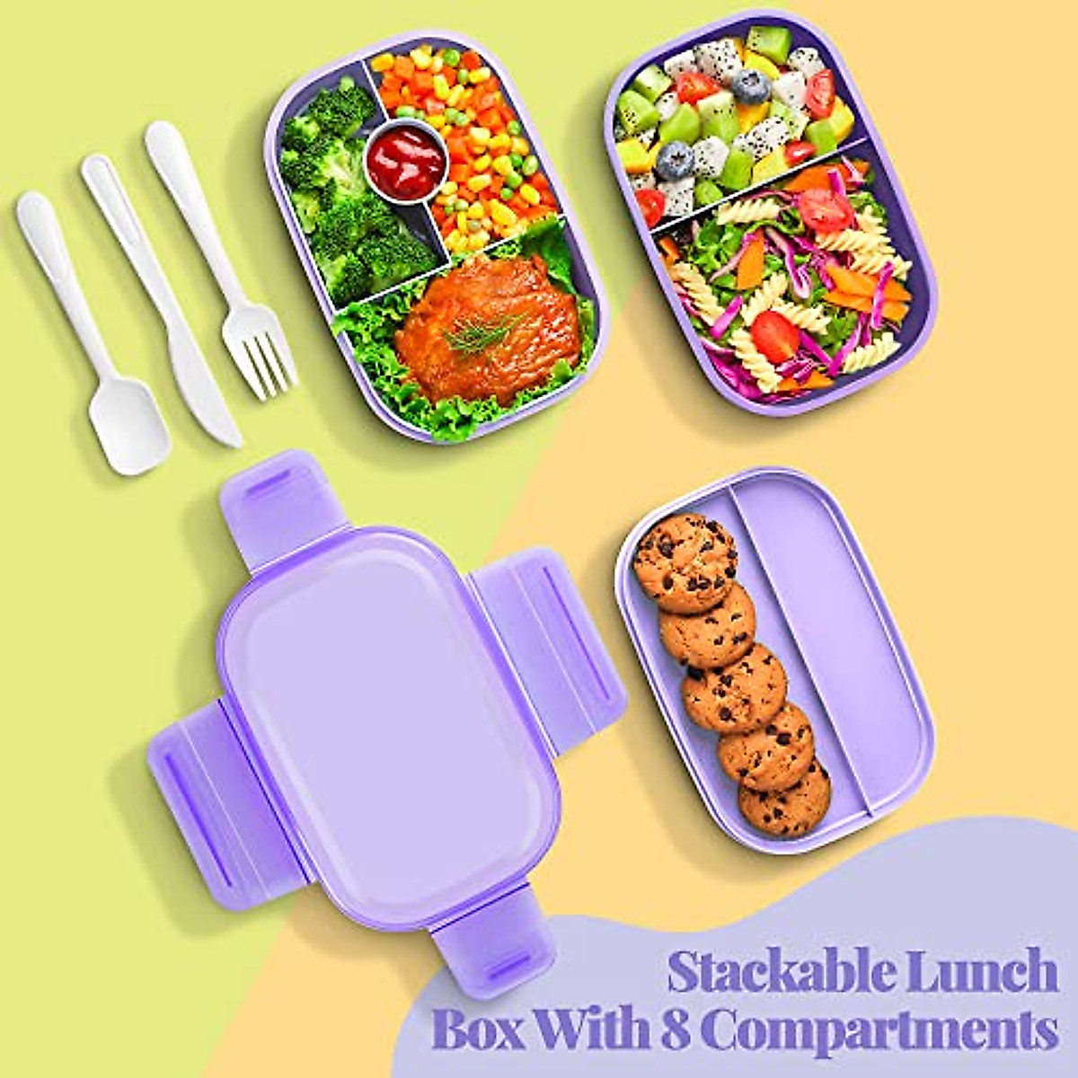 MKAVOE Bento Box Adult Lunch Box, 3-in-One Stackable Bento Lunch Box for Kids/Adults, 8 Compartments & Utensil Set Lunch Box Kids, Leak-Proof Bento Boxes for Work, Picnic, School