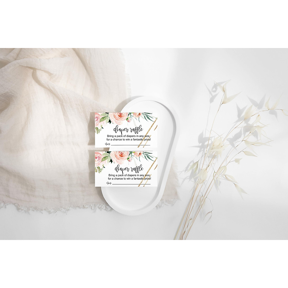 Graceful Floral Diaper Raffle Tickets, Rustic Baby Shower Games for Prizes, Girls Baby Shower Diaper Raffle Invitation Insert Cards Pink and Gold, 50 Pack
