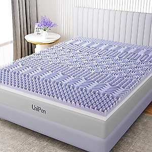 UniPon 4 Inch Egg Crate Memory Foam Mattress Topper, Lavender Infused Medium Firm Mattress Topper, 7 Zones Memory Foam Bed Topper, CertiPUR-US Certified (Queen)