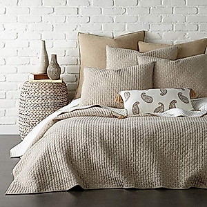 Levtex Home - Cross Stitch Quilt Set - 100% Cotton - Full/Queen Quilt (88x92in.) + 2 Standard Shams (26x20in.) - Taupe Quilt with White Contrast Stitching
