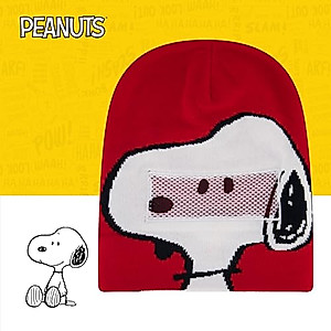 Peanuts Snoopy Beanie Hat, Knit Roll Down Cuffed Winter Cap, Red, One Size