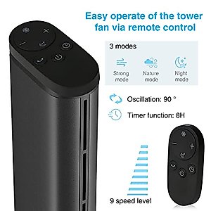 ULTTY Bladeless Tower Fan 90° Oscillating Fan with Remote, Quiet Cooling, 12 Modes, 8H Timer, Space-Saving, LED Display with Touch Control, 40” Portable Floor Bladeless Fan for Bedroom Home, Black