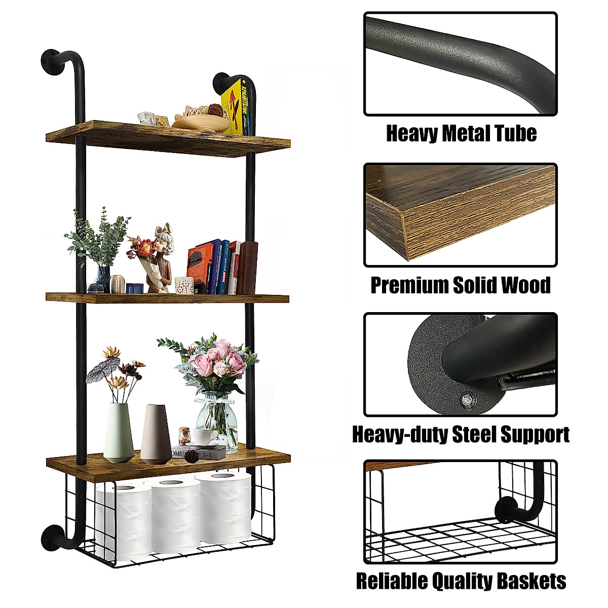 GILPWA 3-Tier Bathroom Shelves, Wall Mounted Floating Shelves with Basket, Easy Assemble Industrial Pipe Shelving, Anti-Rust Wall Shelves for Barhroom Living Room, Kitchen, Bedroom, 44.5 * 16.9 inch