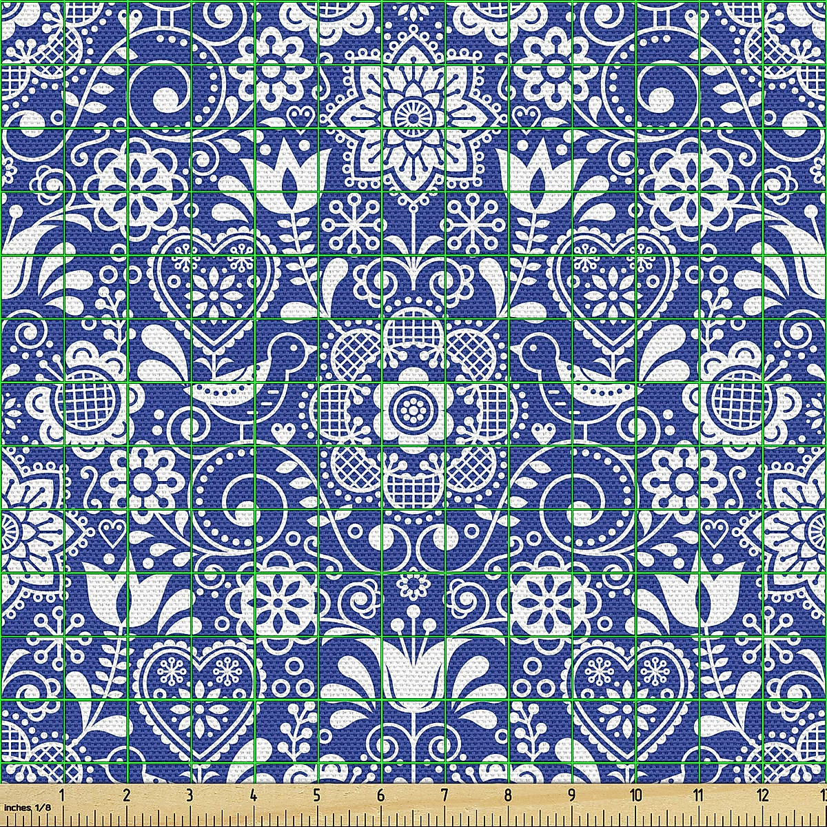 Ambesonne Navy Blue Fabric by The Yard, Ethnic Repeating Flowers Folkloric Traditional Ornamental Motifs, Decorative Fabric for Upholstery and Home Accents, 3 Yards, White and Lavender Blue