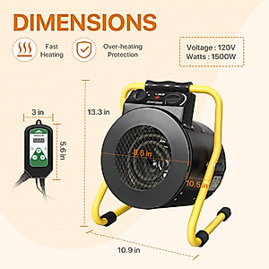 EAGLE PEAK 1500W Greenhouse Heater with Thermostat, Suitable for Greenhouse, Grow Tent, Garage, and RV Use, Water Resistant IPX 4 Rated, Overheat Protection, Radiant Heating, Black
