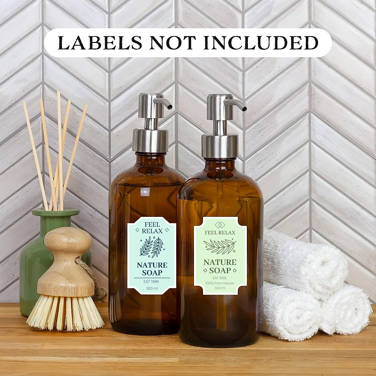 Cornucopia Brands 16-Ounce Amber Glass Bottles w/Stainless Steel Pumps (2-Pack); Lotion & Soap Dispenser Brown Boston Round Bottles for Aromatherapy, DIY