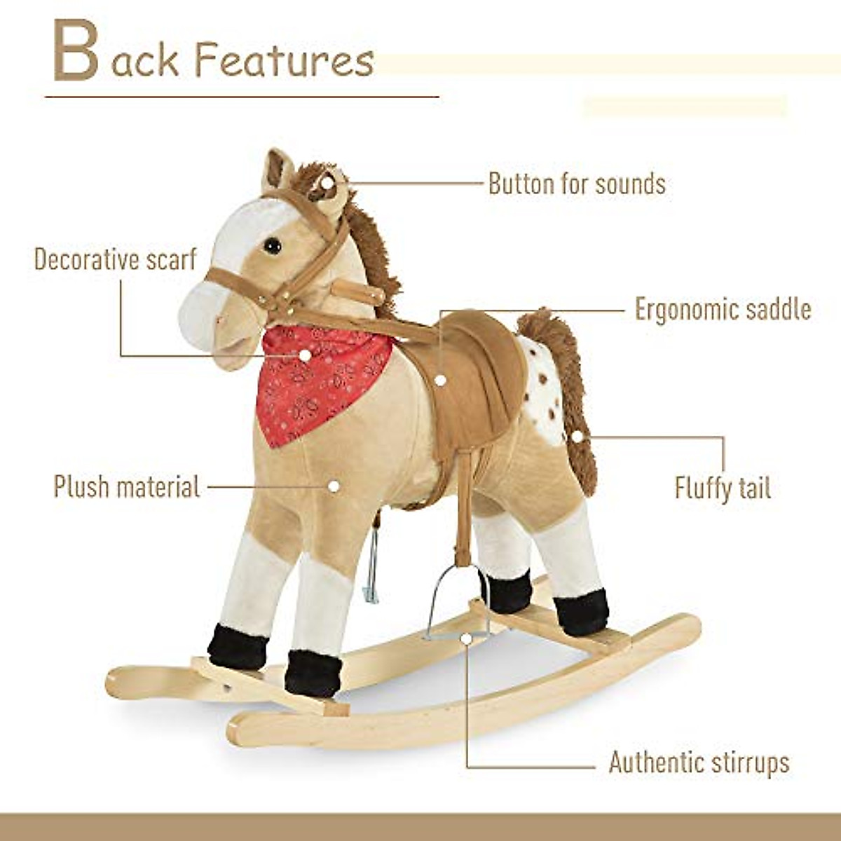 Qaba Kids Plush Ride-On Rocking Horse Toy Cowboy Rocker with Fun Realistic Sounds for Child 3-6 Years Old, Beige