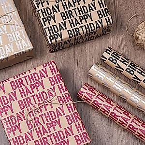 THMORT Birthday Wrapping Paper Roll with a Cutter Kit for Boys&Girls,Adults,Kids.17 Inch X 120 Inch Kraft Gift Wrapping Paper Roll Silver Black Red Happy Birthday Retro Fonts.