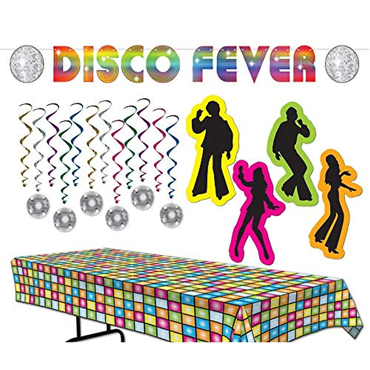 70's Party Decorations Set - Disco Fever Banner, Table Cover, Disco Ball Whirls, Retro Silhouette Cutouts – 70s Party Decorations and Soul Train Party Theme Decorations