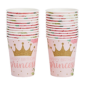 BLUE PANDA 194-Piece Princess Birthday Party Decorations, Pink Dinnerware Set with Plates, Napkins, Cups, Tablecloth, Cutlery, Banner, and Hats (Serves 24)