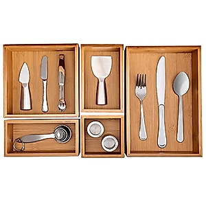 Seville Classics Bamboo Premium Organizer Storage Bins for Kitchen Silverware, Pantry, Closet, Office Desk, Pens, Utensils, Makeup, K Cup, Bamboo, Bin Set (5 Piece)