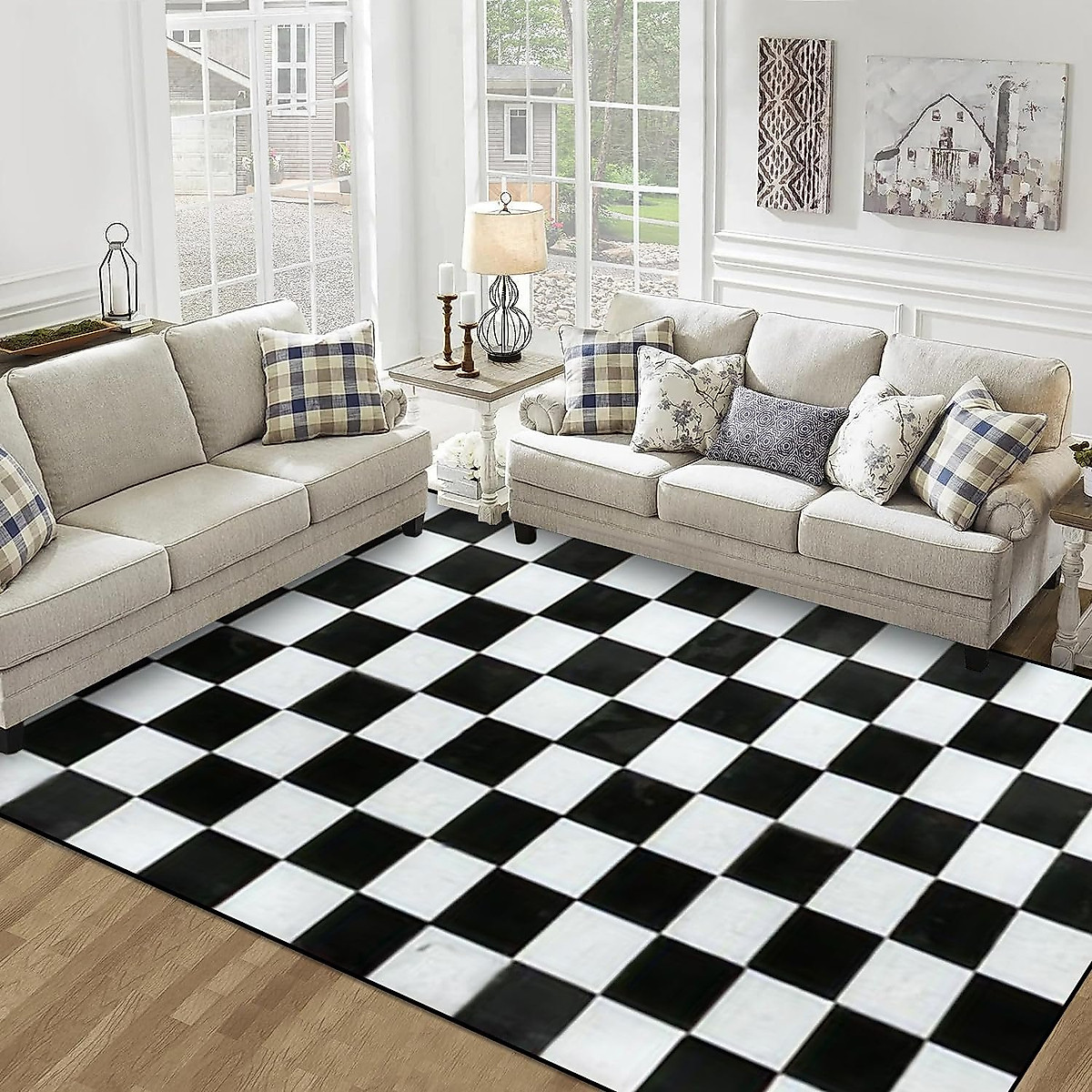 Area Rug White Black Checkered Ceramic Tiles Pattern Seamless Washable 4x6 feet Rugs for Bedroom Kitchen Living Room Non Slip Outdoor Carpets Soft Mats for Home Playroom Decor