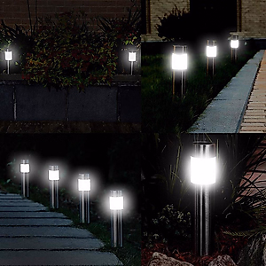 Solar Bollard Lights Outdoor - 6 Pack Stainless Steel Warm White LED Landscape Lights Waterproof Decorative Lighting for Backyard Lawn Patio