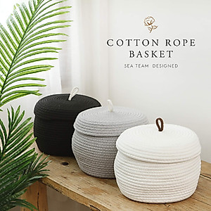 Sea Team Round Cotton Rope Storage Basket with Lid, Decorative Woven Storage Bin, Pot, Caddy, Organizer, Container for Snacks, Towels, Plants, 10 x 7.5 Inches (Small, Grey)