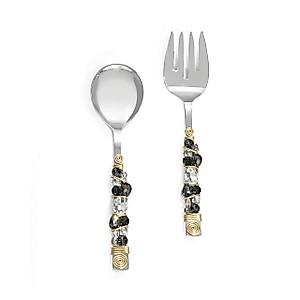 YoTreasure Tiramisu Crystal Radiance Stainless Steel Black & White Salad Server Spoon and Fork Set for Modern Kitchen