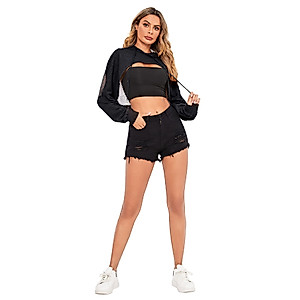 Verdusa Women's Sheer Fishnet Drop Shoulder Drawstring Hoodie Crop Sweatshirt Black S