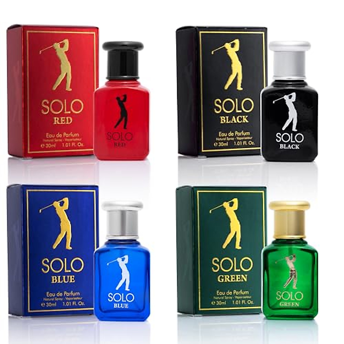 NovoGlow Solo 4-Piece Mini Fragrance Set for Men EDP - Solo Red, Blue, Black & Green - Combination of Sweet, Woody, Citrus & Spicy Scents - Viva Las Vegas Suitable For All Skin Types