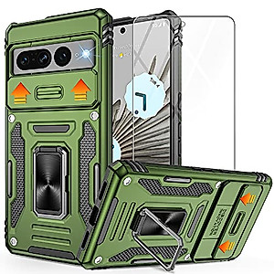 Pixel 7 Pro case, Google Pixel 7 Pro Case with Slide Camera Cover,Google Pixel 7 Pro Phone Case with HD Screen Protector， Magnetic Kickstand Case for Google Pixel 7 Pro，Green