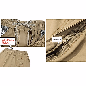YangguTown Men's Cotton Lightweight Loose Fit Cargo Shorts Full Twill Elastic Waist Drawstring Shorts Khaki 36