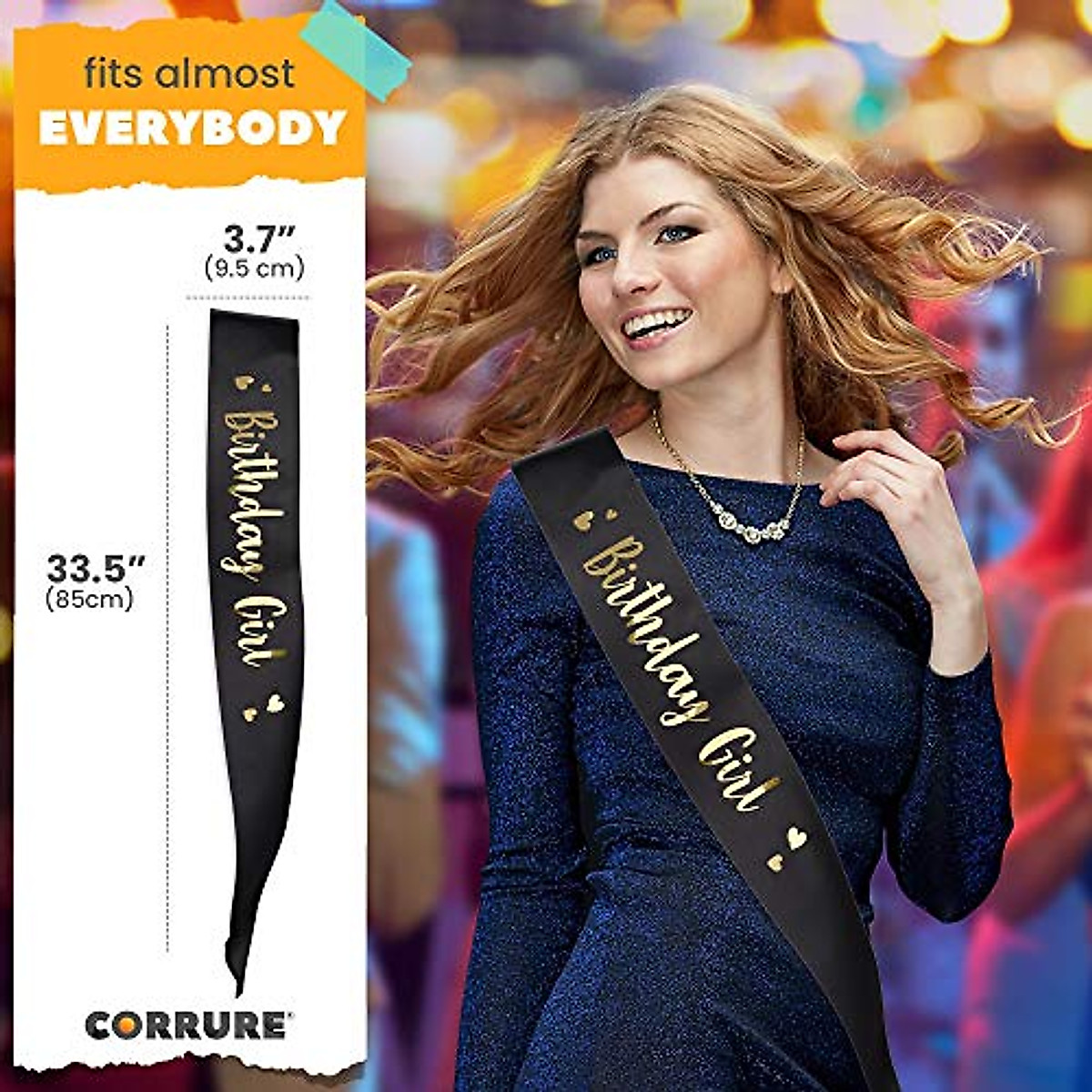 CORRURE 'Birthday Girl' Sash with Gold Foil - Soft Satin Black Sash for Women - Happy Birthday Sash for Queen, Sweet 16, 18th 21st 25th 30th 40th 50th or Any Other Bday Party