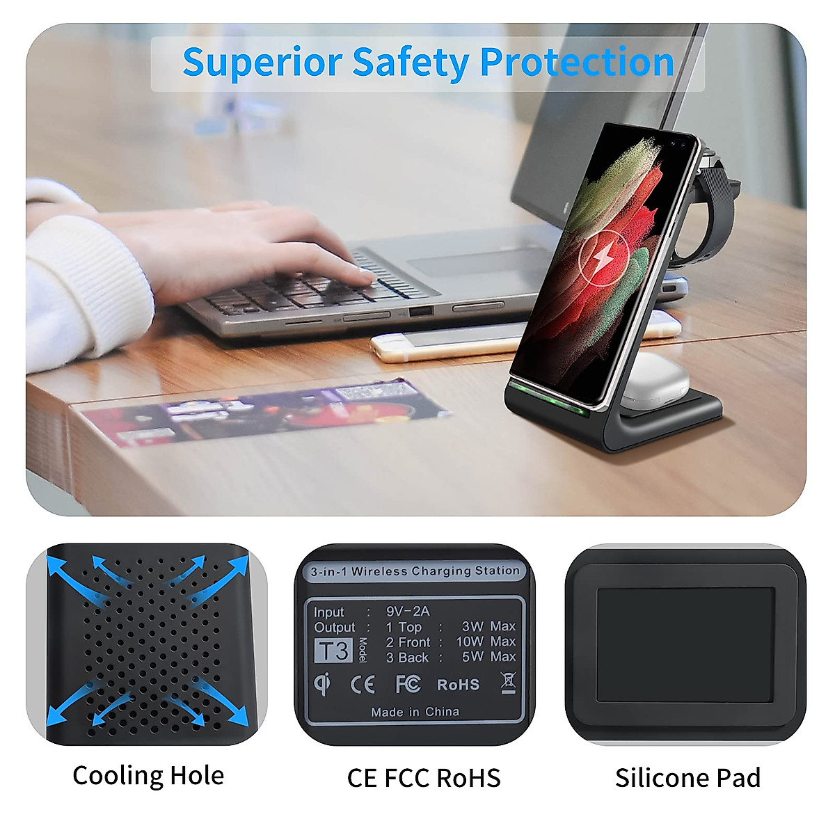 YOCUNKER Wireless Charger,3 in 1 Charging Station Dock for Watch 5/4/3/2/Active 2/1/Gear S3, S22 Ultra/S21/S20/S10/Note 20/Z Flip 4/Z Fold 4/3, Buds+/Pro/Live Black