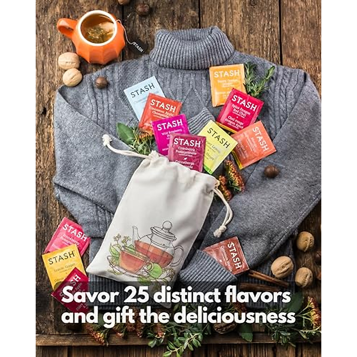 Stash Herbal and Decaf Tea Bags - Caffeine-Free Sampler Variety Pack - 25 Flavors, 50 Count/w Cotton Pouch