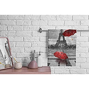 oFloral Eiffel Tower with Flying Umbrellas Hand Towels Cotton Washcloths,Romantic France Pairs Rainy Black and White Red Soft Towels for Bathroom/Yoga/Golf/Hair/Face Towel for Men/Women 15X30 Inch