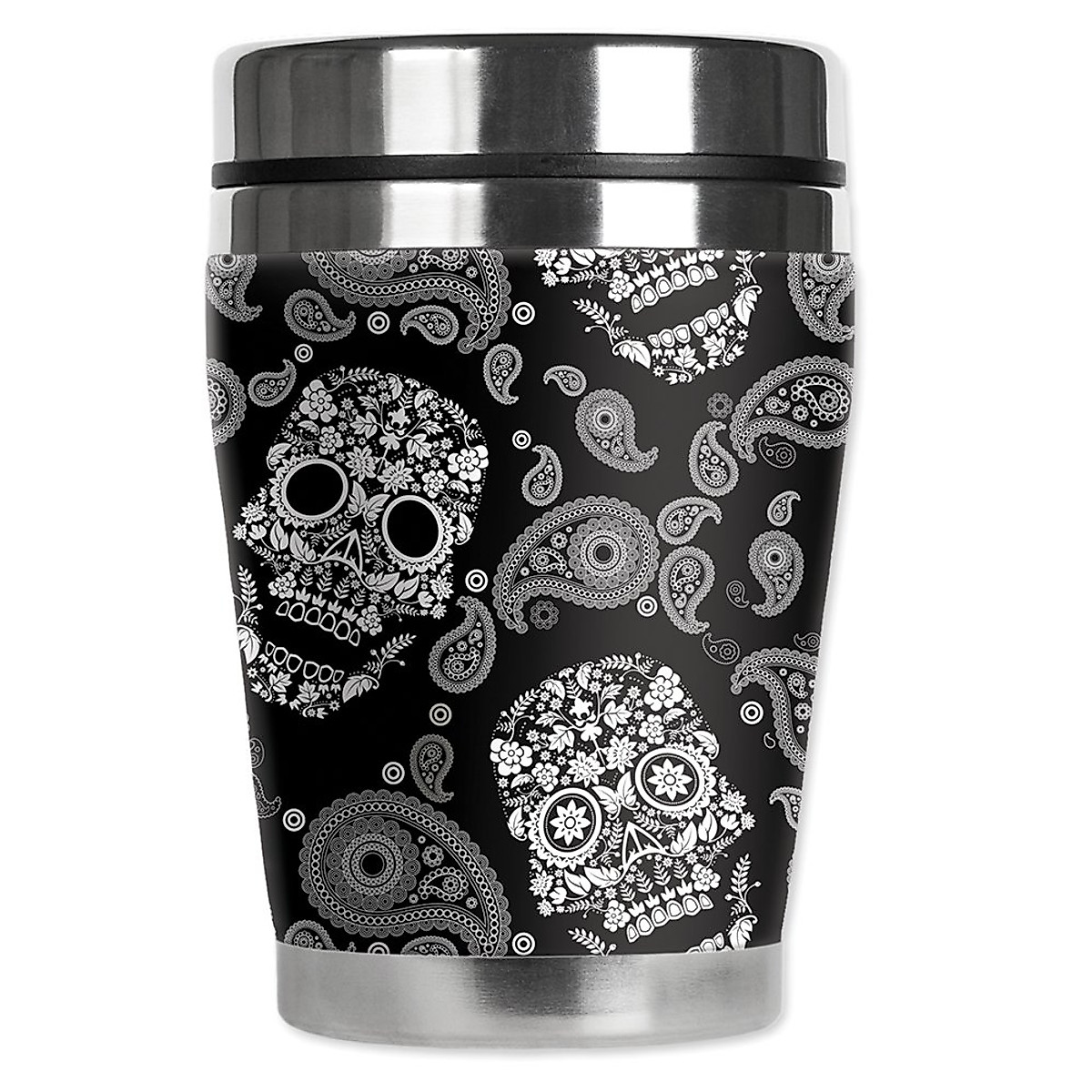 Mugzie White Sugar Skulls"Mini" Travel Mug with Insulated Wetsuit Cover, 12 oz, Black