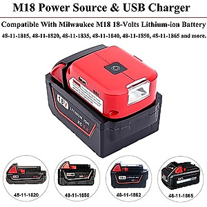 Dual USB Charger Adapter Replacement for Milwaukee M18 Power Source 49-24-2371 with LED Work Light, Compatible with Milwaukee M18 Battery 48-11-1850 48-11-1862 48-11-1820