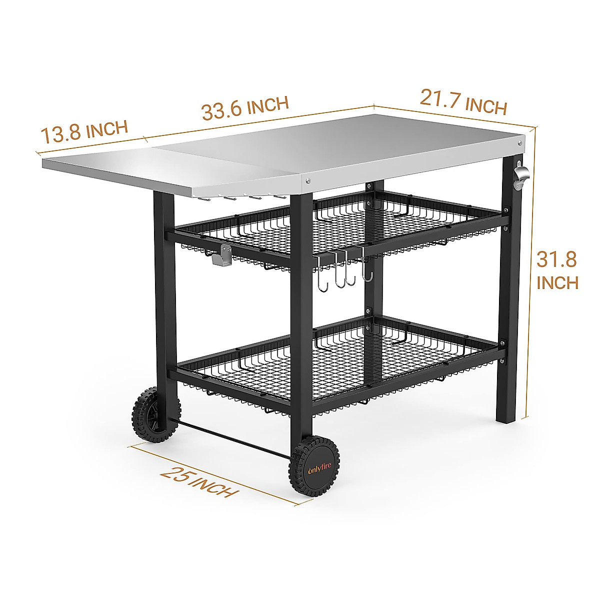 onlyfire Pizza Oven Table Cart for Ooni, Ninja Woodfire, Blackstone Griddle, Cuisinart Pizza Oven, Outdoor Stainless Steel Food Prep Table Movable Food Prep Cart Grill Stand with Storage Basket