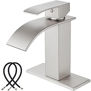 Midanya Waterfall Spout Bathroom Faucet Single Handle 1 Hole Bathroom Sink Faucet,Modern RV Lavatory Vanity Basin Faucet with 6 Inch Deck Plate for 1 or 3 Hole and Water Hose,Brushed Nickel