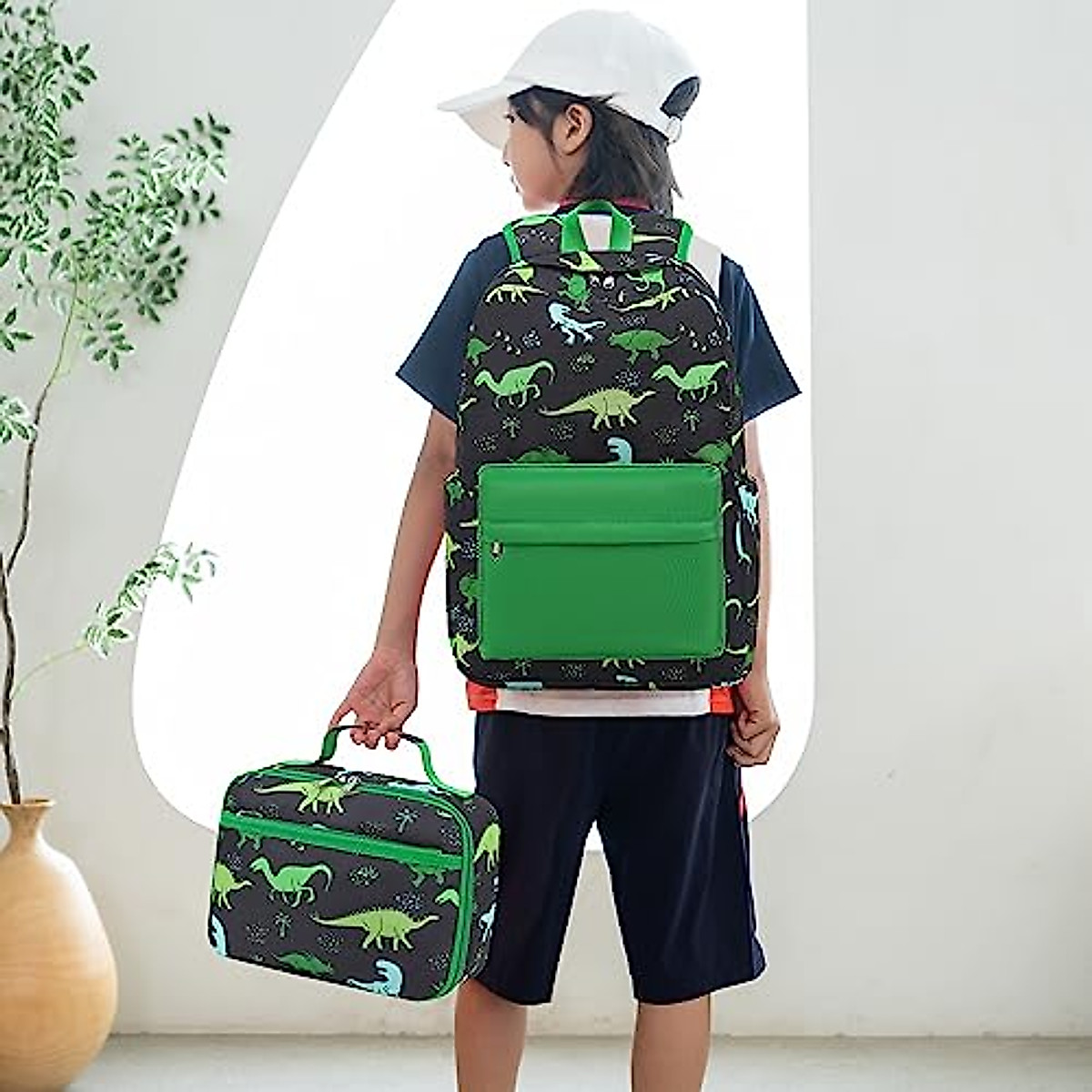 Bluboon Preschool Backpack Kids Boy Kindergarten Backpack With Lunch Box School Book Bags for Elementary Primary Schooler（Green Dinosaur