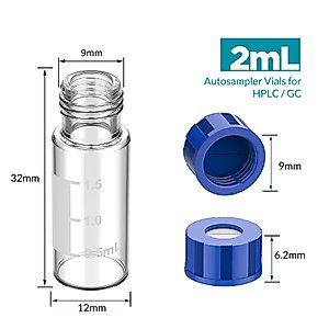 Membrane Solutions Autosampler Vials, 2ml HPLC Vials, 9-425 Lab Clear Vials with Write-on Spot and Graduations, 9mm Blue ABS Screw Caps & Septa for GC Sample Vials, 100 Pcs