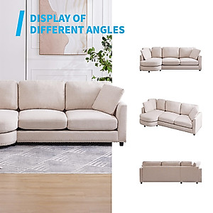 Mjkone Curved Small Cloud Couch, 3-Seat Living Room Minimalist Style Comfy Sectional Sofa, Modern Linen Fabric L Shaped Sofa Couch with Chaise for Apartment Office, Beige