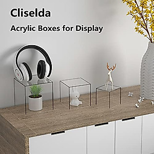 Cliselda 3pcs Clear Acrylic Display Boxes, Acrylic Cube Stand Risers Showcase, Acrylic Display Case for Collectibles Action Figures Toys (5 Sided Acrylic Box)
