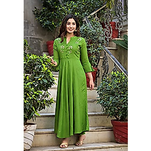 FIDOZA Women's Rayon Printed Anarkali Embroidery Kurti Dress | Pakistani Style Rayon Embroidery Kurti For Women | Ready to wear (Olive Green, M)