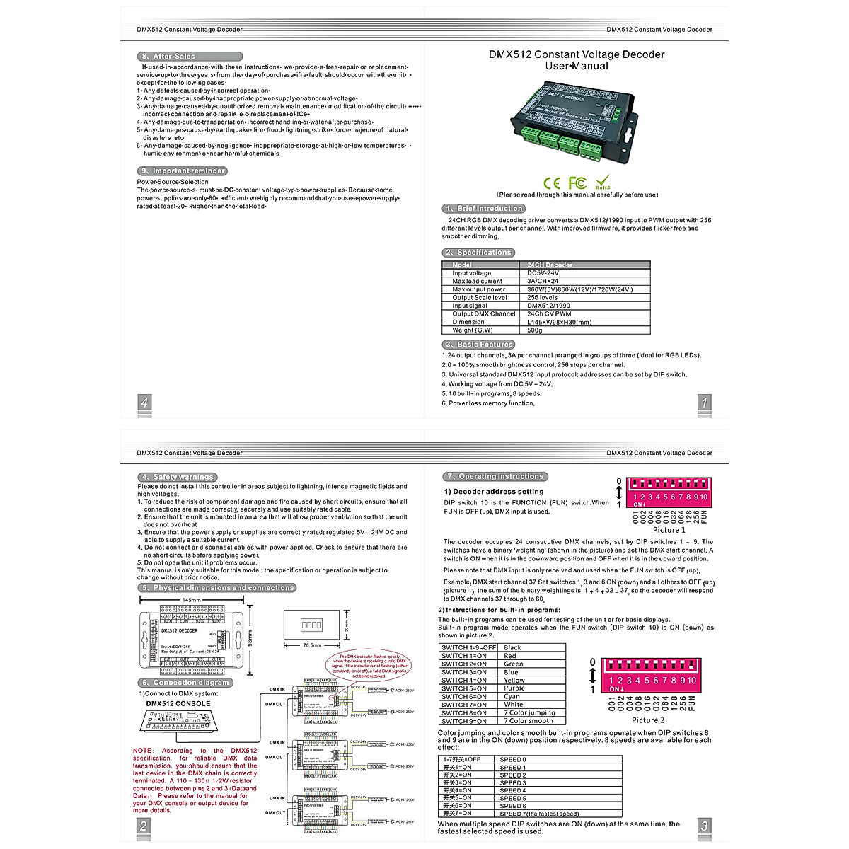 High Power 24 Channel RGB 3A/CH DMX512 Controller Led Decoder Dimmer 500Hz Flicker Free Smoother Dimming DMX Signal Indicator Flashes Function DC 5V-24V