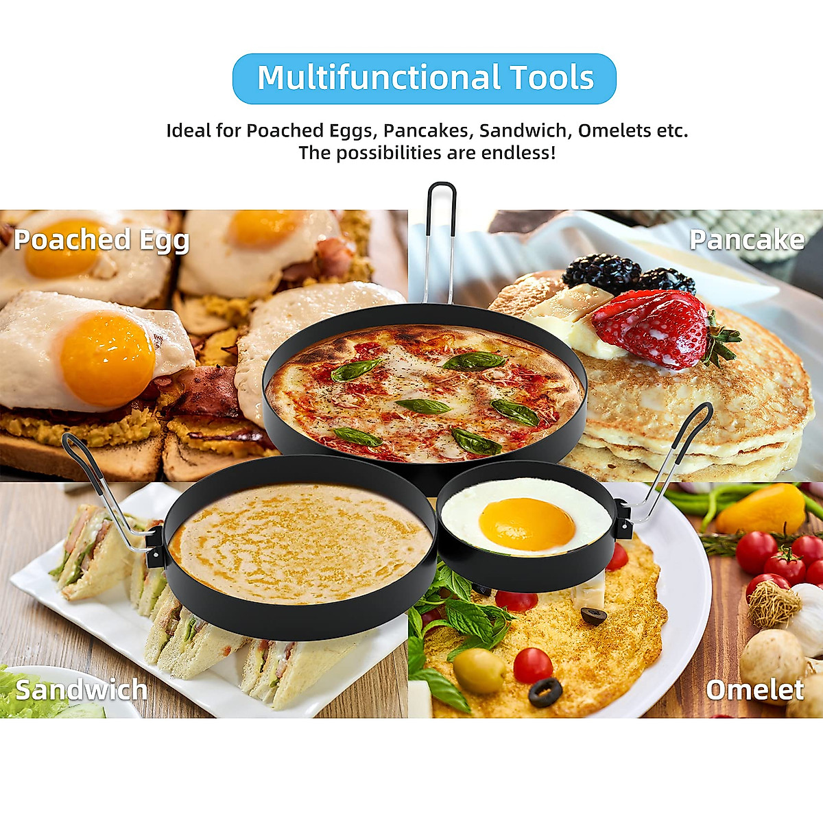 Ameupin 8" Omelet Ring, 6" Pancake Ring, 3.5" Egg Ring for Griddle Frying Eggs (Upgrade Large 3 Pack Stainless Steel Non Stick Round Cooking Rings Molds with Oil Brush and Egg Separator)